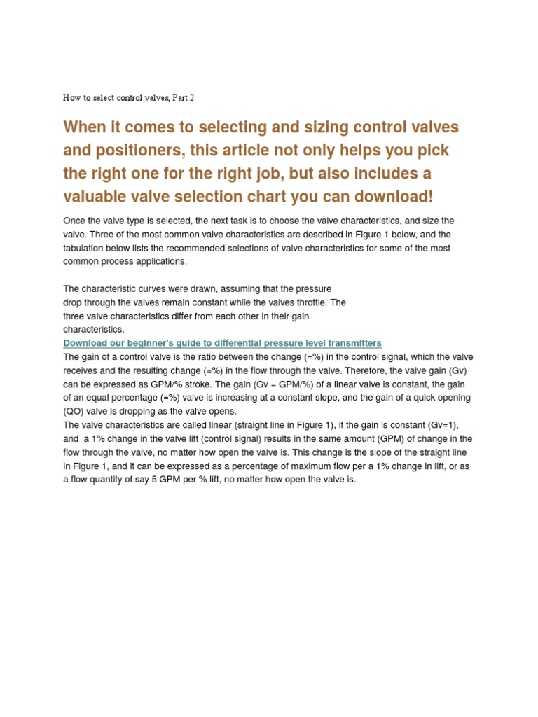 Selecting Control Valves: Understanding Valve Characteristics, Sizing ...