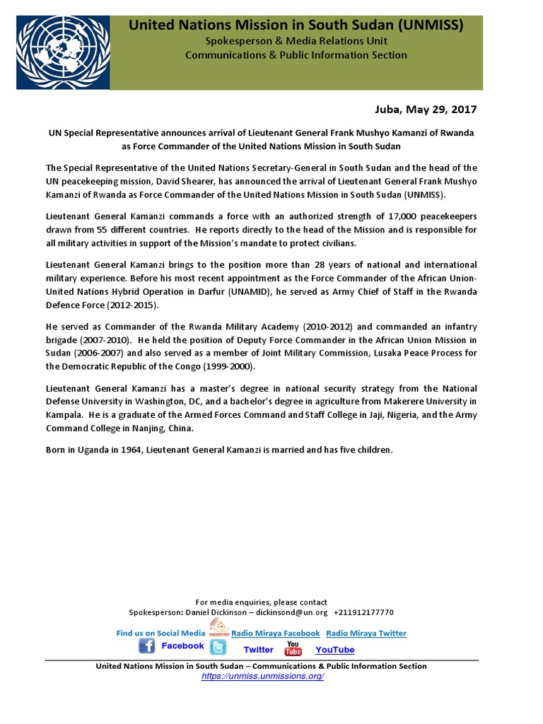 New UNMISS Force Commander Appointed | PDF | United Nations ...
