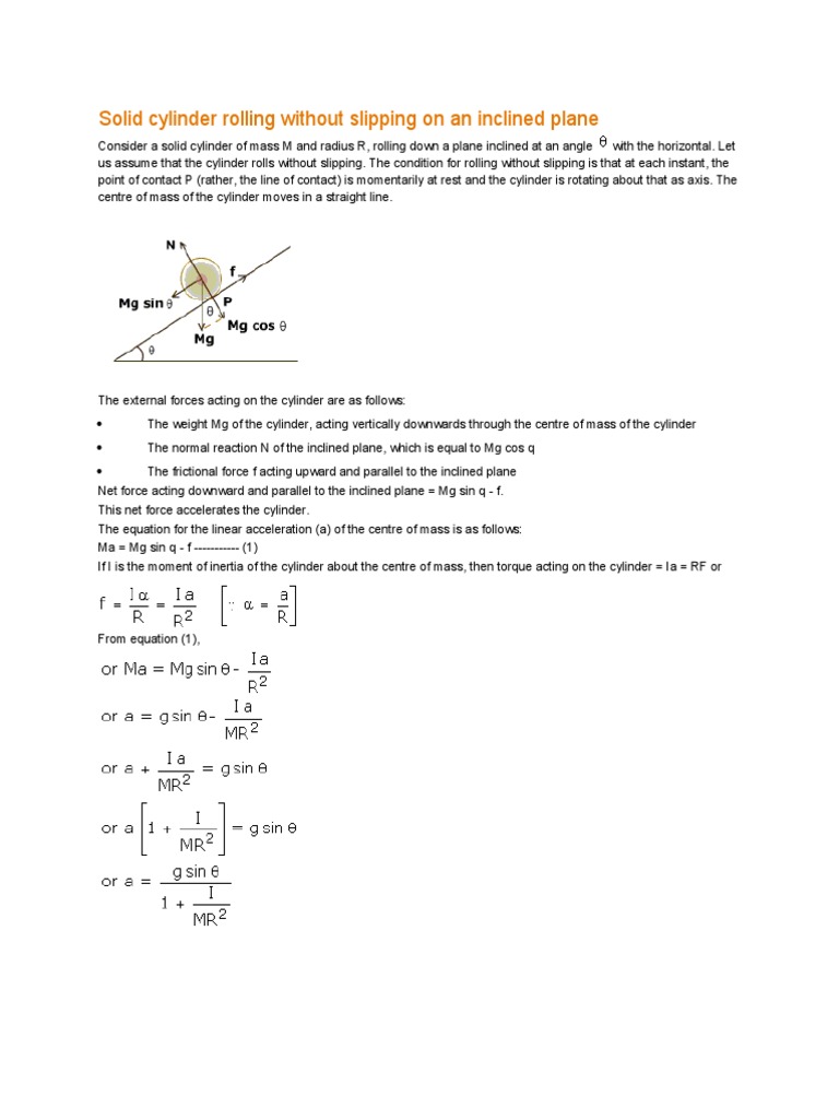 Solid Cylinder Rolling Without Slipping On An Inclined Plane | PDF