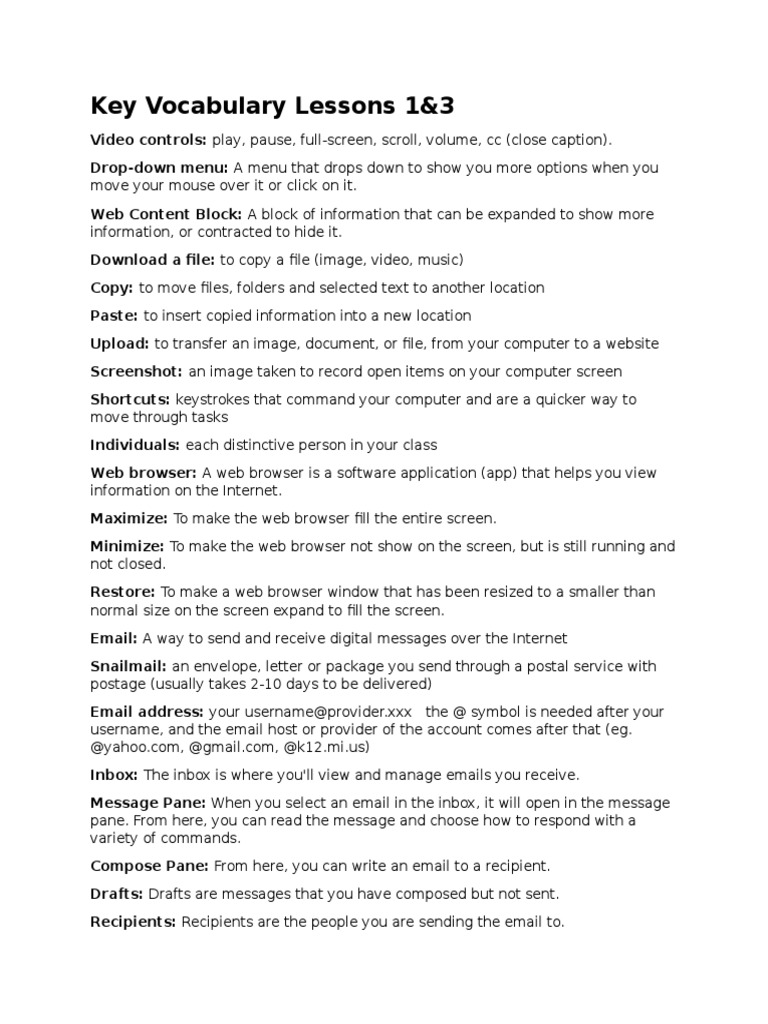 Key Vocabulary Lessons 1&3 | PDF | Email | Portable Document Format