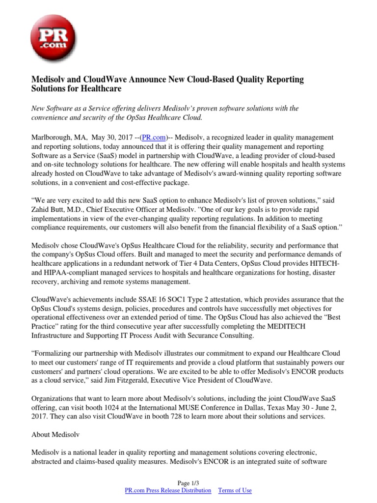 Medisolv and CloudWave Announce New Cloud-Based Quality Reporting ...