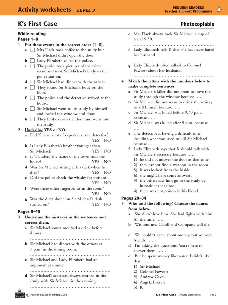 Level 3 Penguin Readers K's First Case Activity Worksheets | PDF | Violence