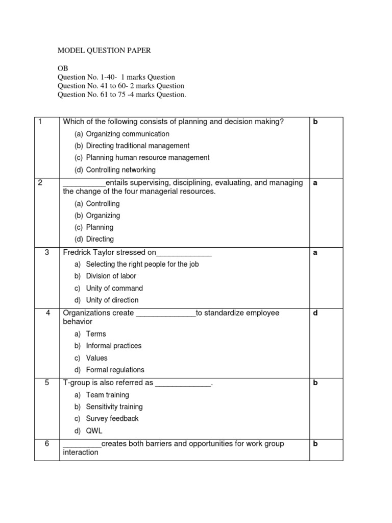 Model Question Paper-Ob With Key28 | PDF