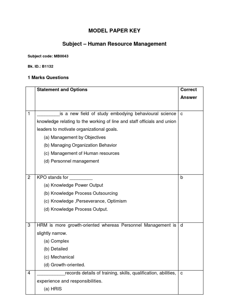 Model Paper Key Subject - Human Resource Management: 1 Marks Questions ...