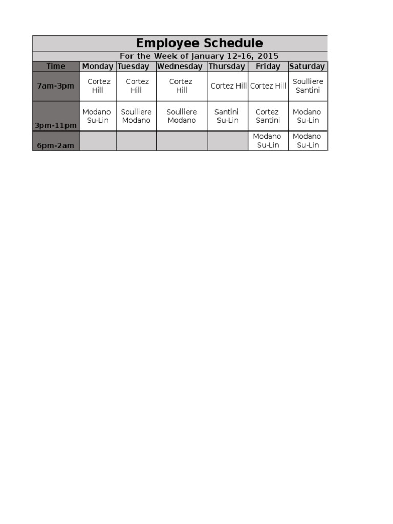 Employee Schedule: Jan 12-16, 2015 | PDF