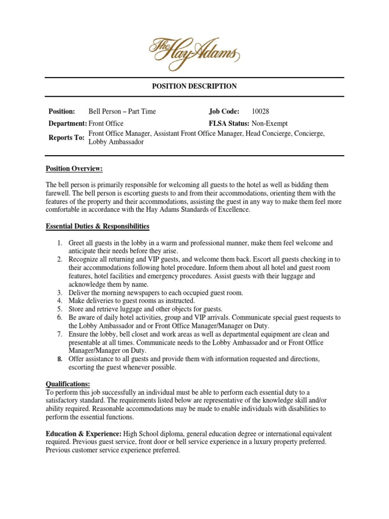 Bell Person Job Description at Hay-Adams | PDF | Employment | Hotel And ...