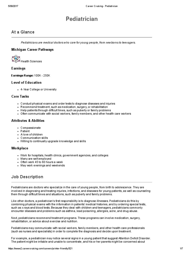 Career Cruising - Pediatrician | PDF | Residency (Medicine) | Pediatrics