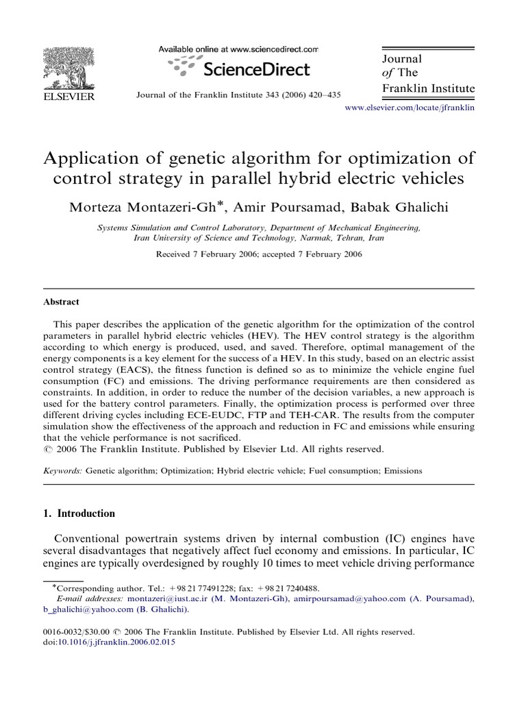 Genetic Algorithm in HEV Control Optimization | PDF | Mathematical ...