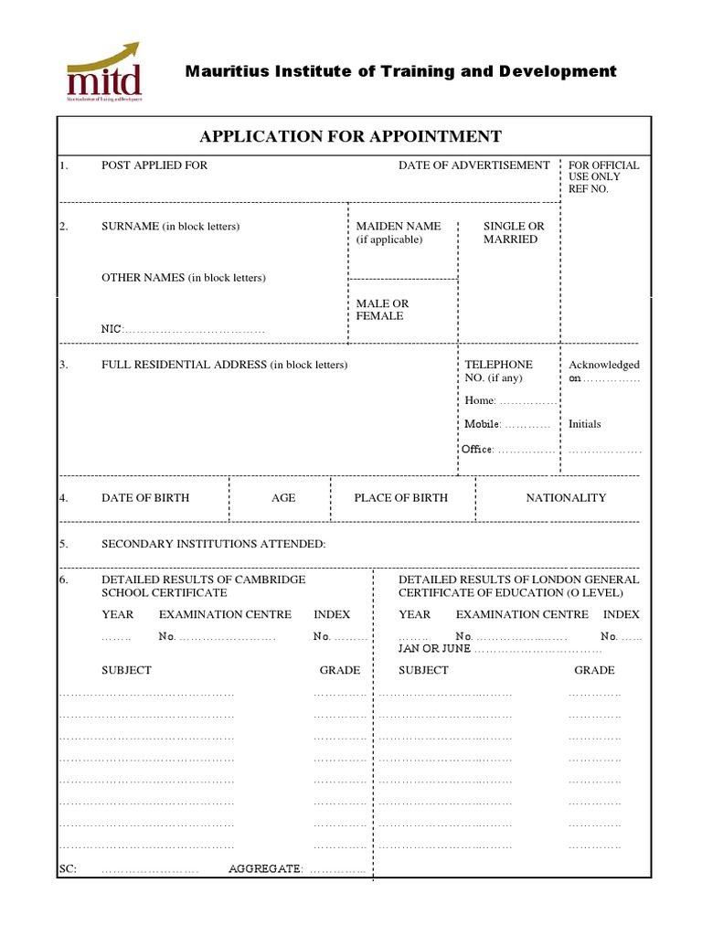 Application For Appointment: Mauritius Institute of Training and ...