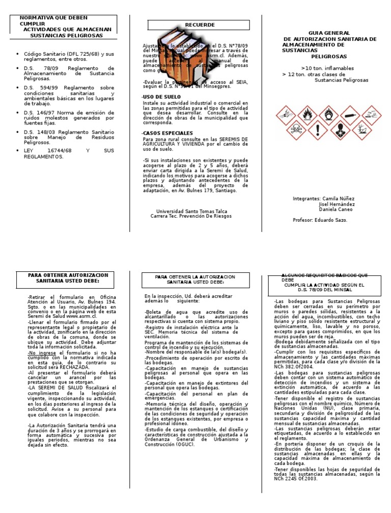 Triptico Autorizacion Sanitaria Almacenamiento Sustancias Peligrosas | PDF | Bienestar | Medicina