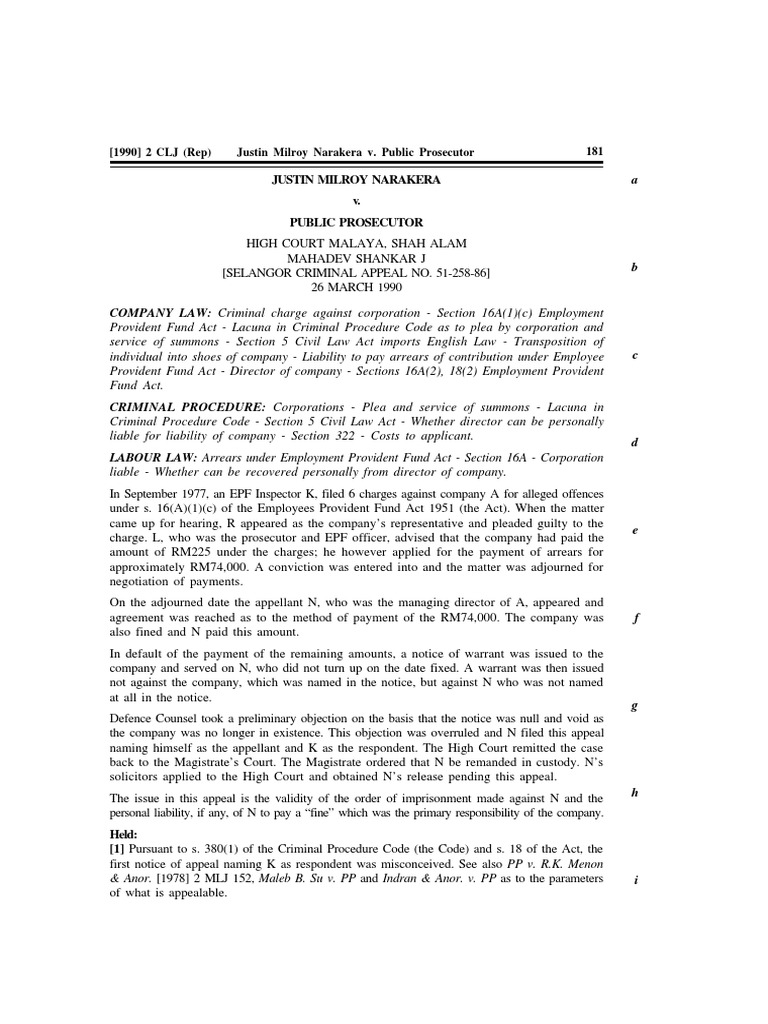 JUSTIN MILROY NARAKERA v. PUBLIC PROSECUTOR (1990) 2 CLJ 181 | PDF ...