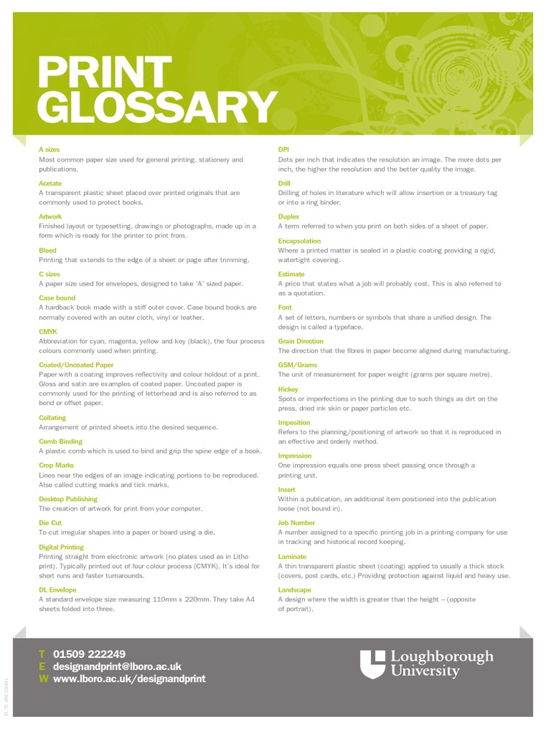 Print Glossary: 01509 222249 Designandprint@Lboro - Ac.Uk WWW - Lboro ...