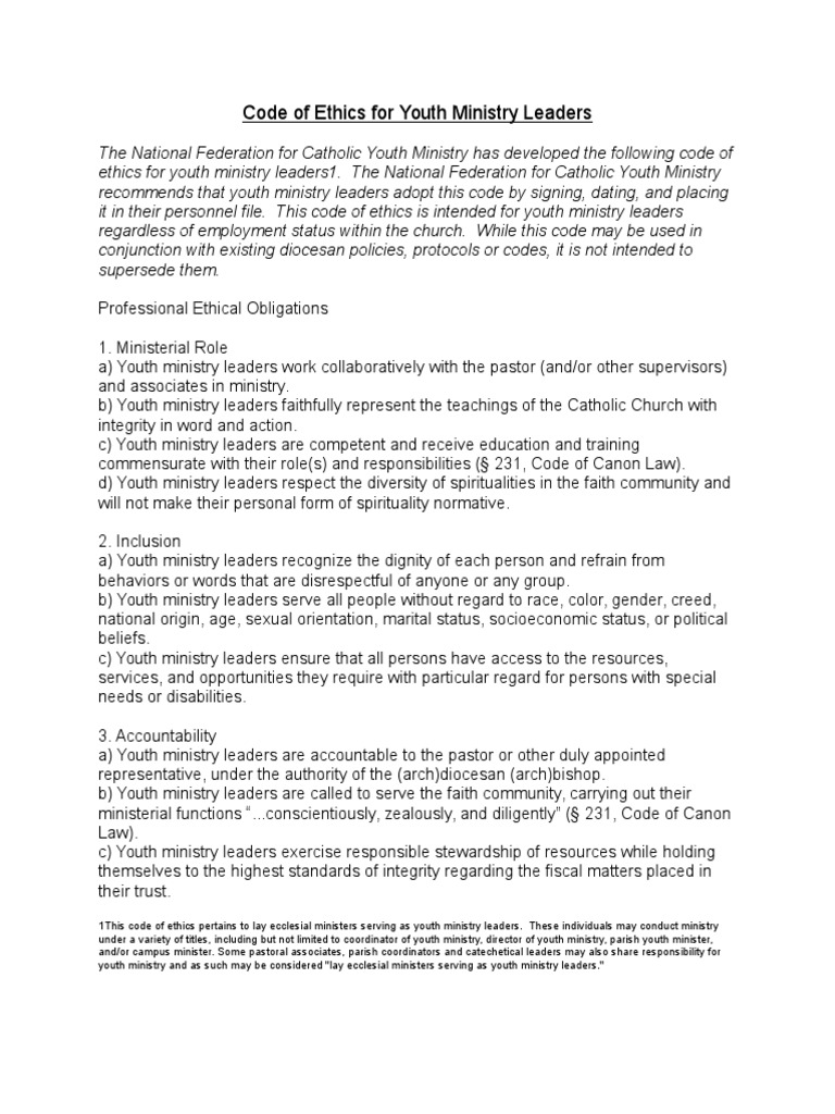 code of ethics for youth ministry leaders | Minister (Christianity ...