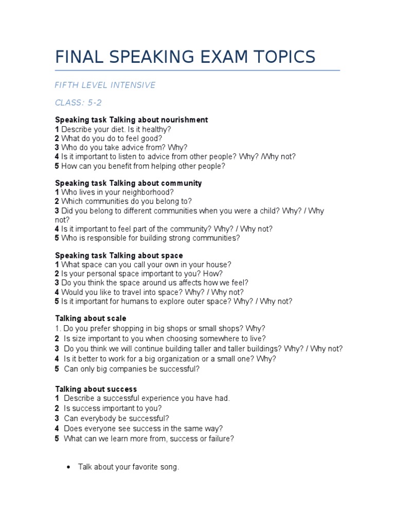 Topics For The Speaking Final Exam | PDF