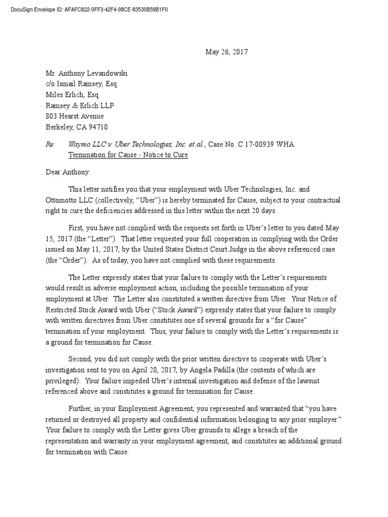 2017.05.26 Termination Letter | Uber (Company) | Justice
