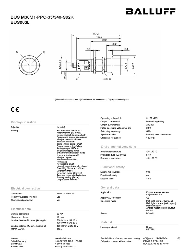 Balluff M30M1 Ultrasonic Sensor Specs | PDF | Sensor | Switch