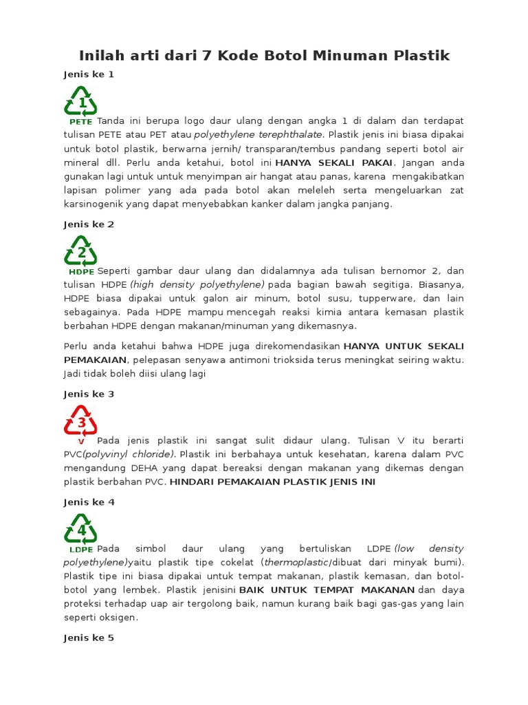 Inilah Arti Dari 7 Kode Botol Minuman Plastik | PDF
