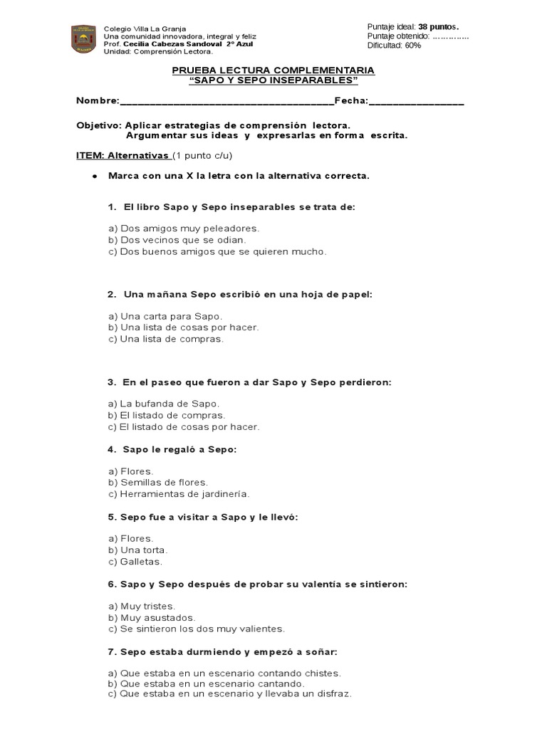 Evaluacion Sapo y Sepo Inseparables | PDF | Ocio