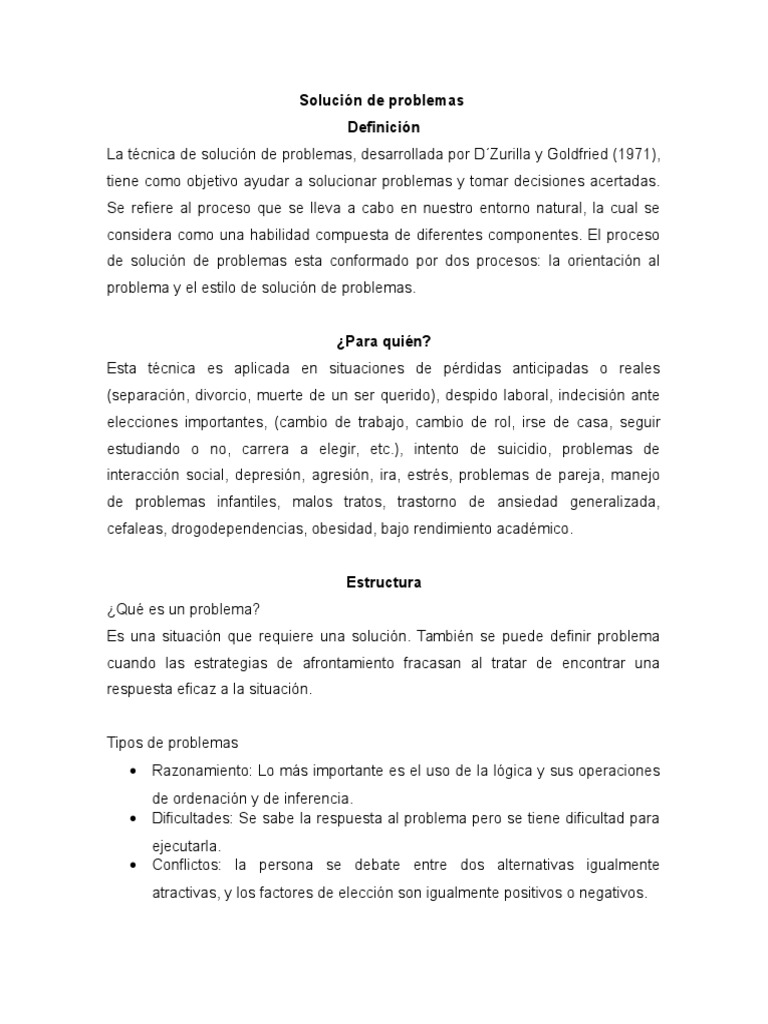Solución de problemas de D´Zurilla y Goldfried | PDF | Toma de ...