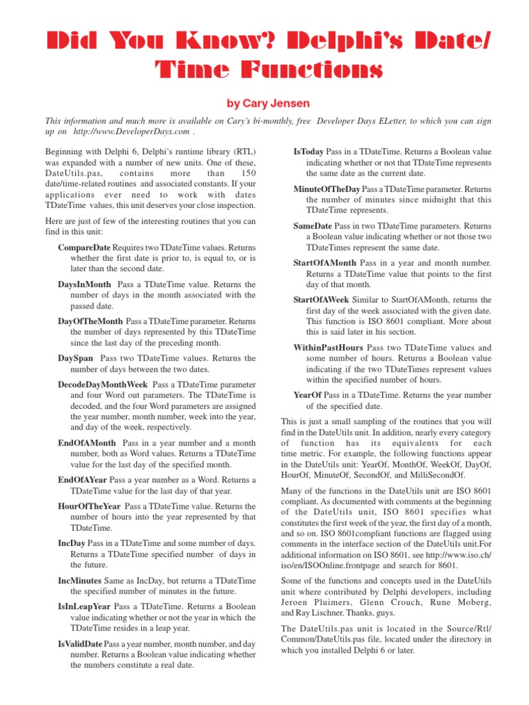 Delphi DateUtils.pas Overview | PDF | Parameter (Computer Programming) | Software Development