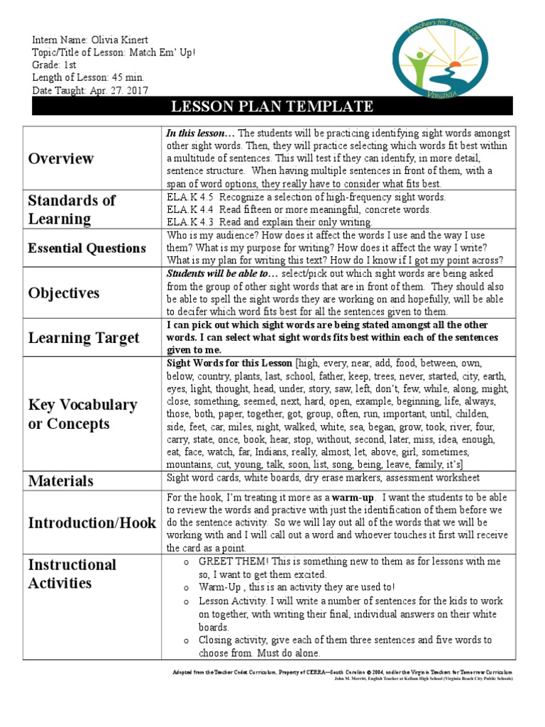 Lesson Plan Template: Standards of Learning | PDF | Educational ...