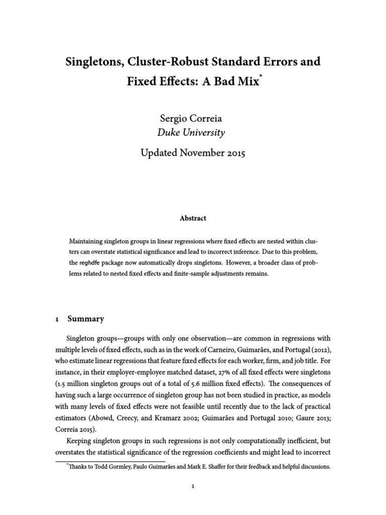 Singletons, Cluster-Robust Standard Errors and Fixed Effects: A Bad Mix | PDF | Fixed Effects ...