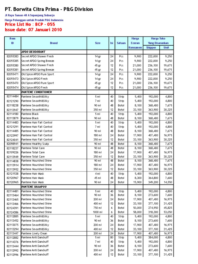 Price List BCP P&G 055 07.01.10 | PDF