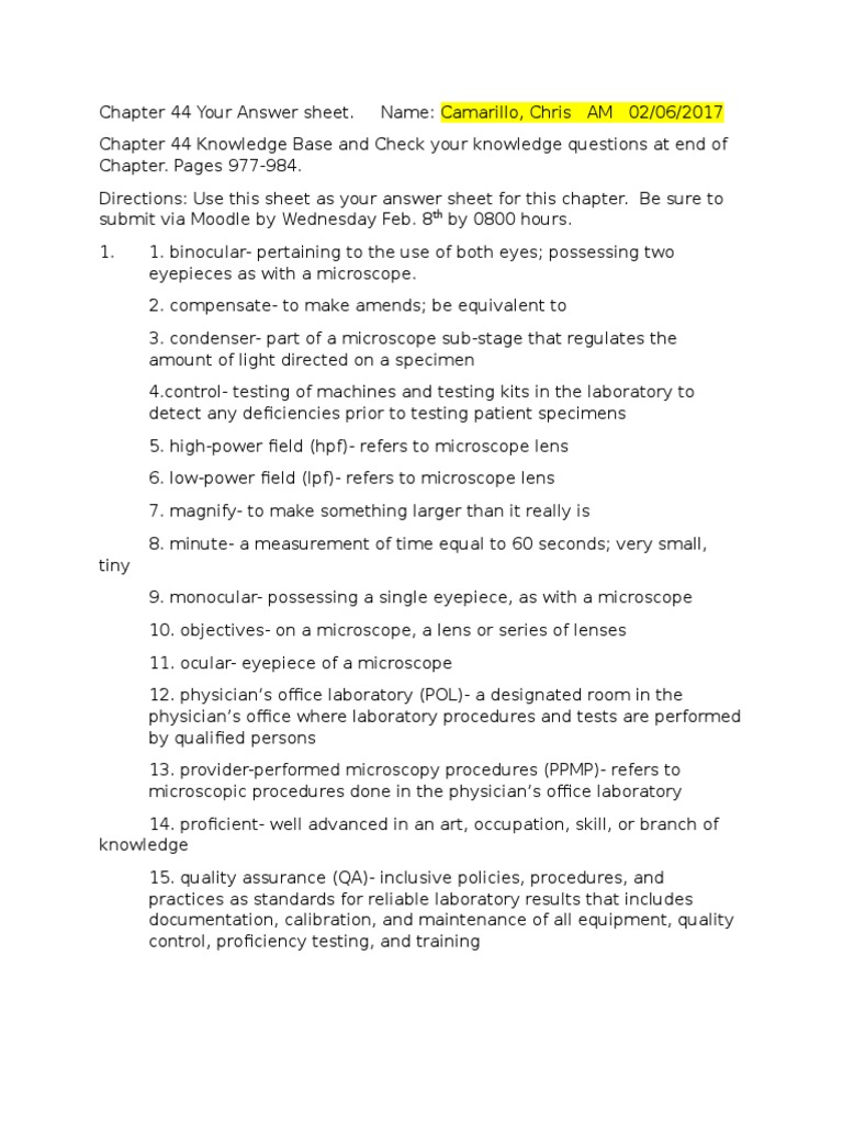 Chapter 44 Your Answer Sheet | PDF | Quality Assurance | Microscope