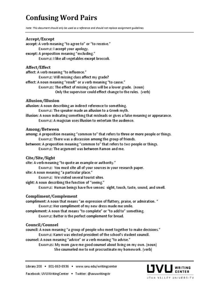 Confusing Word Pairs | PDF | Preposition And Postposition | Verb