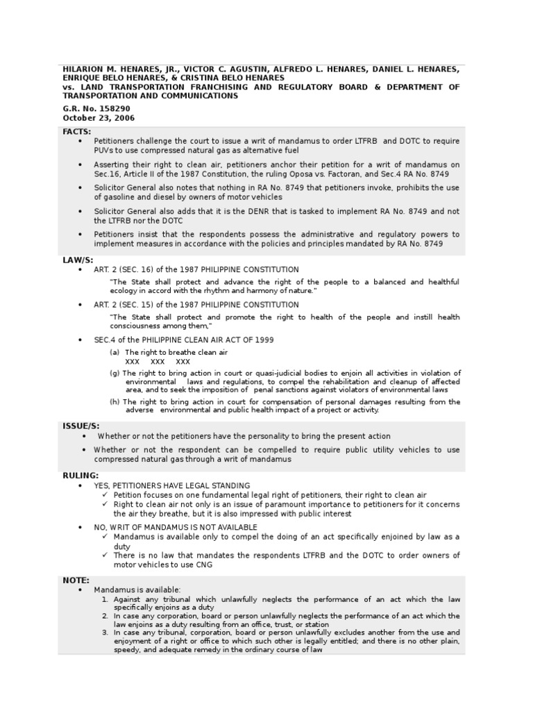 Envi Law - Henares Vs LTRFB | PDF | Mandamus | Justice