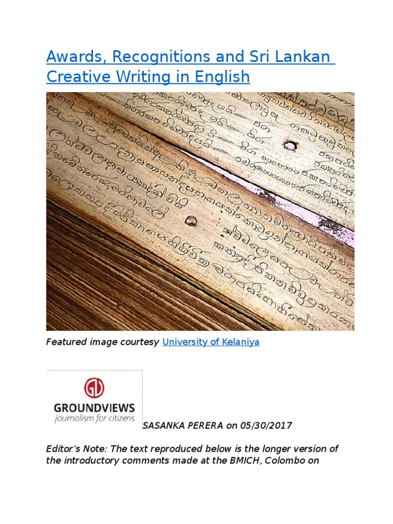 Awards, Recognitions and Sri Lankan Creative Writing in English | PDF ...