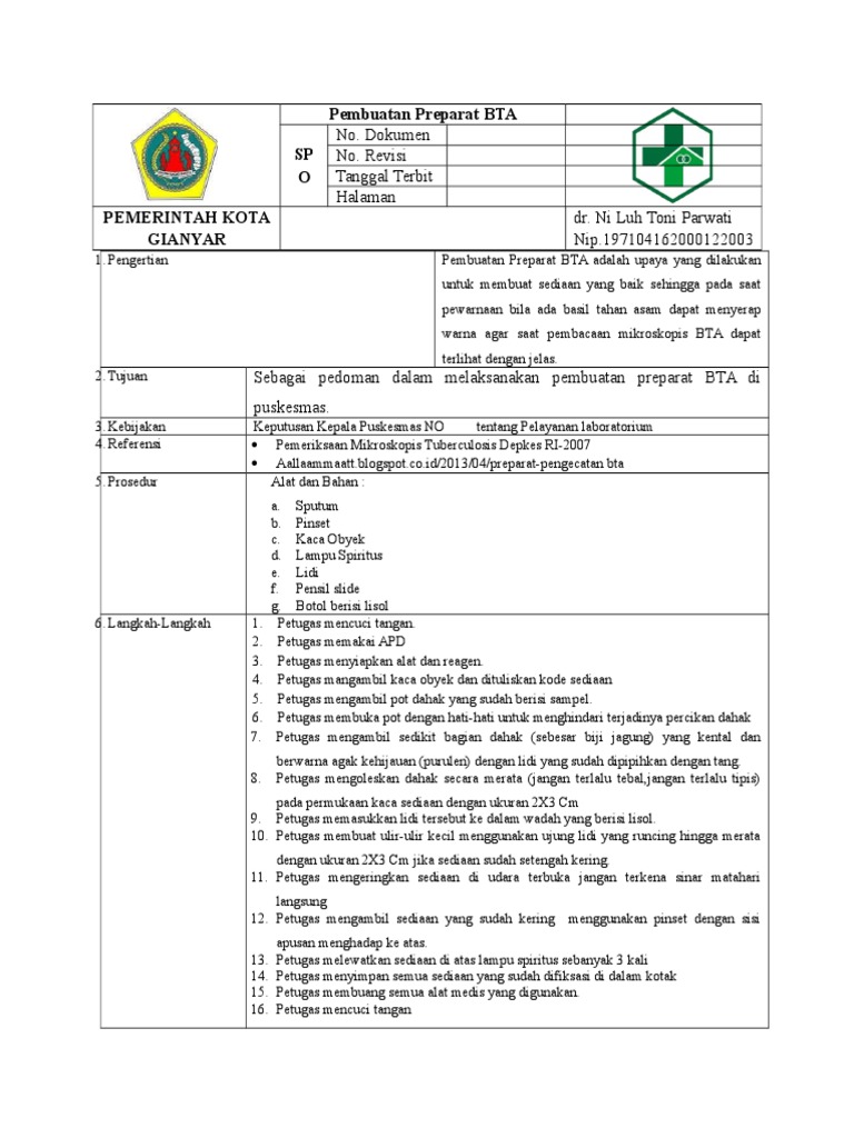 Prosedur Pembuatan Preparat BTA | PDF