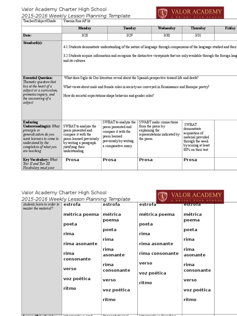 Ap Lit Lesson Plan Week 12 | PDF | Poetry | Vocabulary