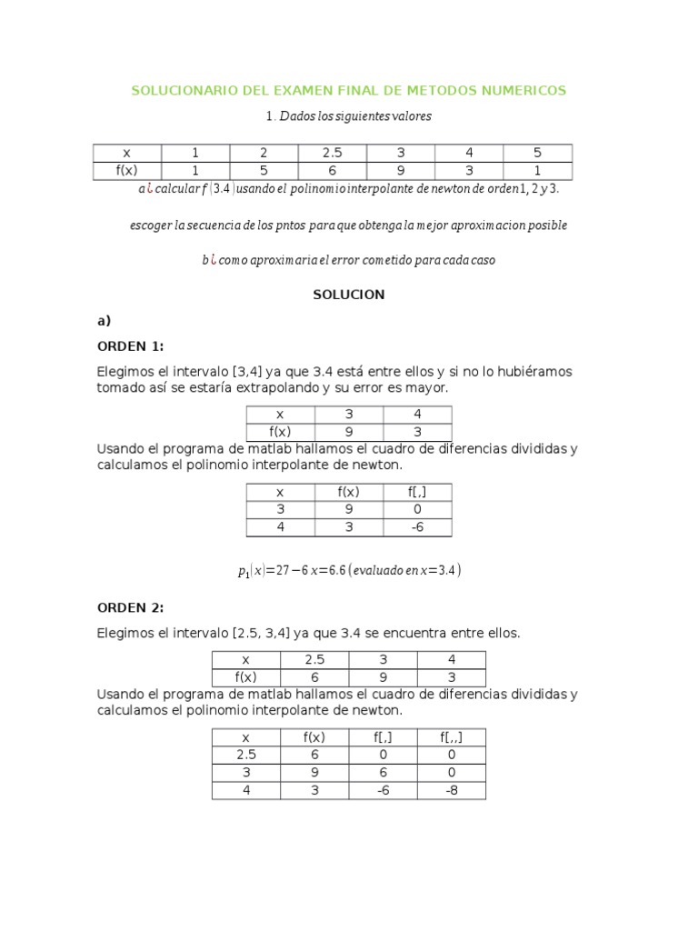 Solucionario Del Examen Final de Metodos Numericos | PDF | Análisis numérico | Informática teórica