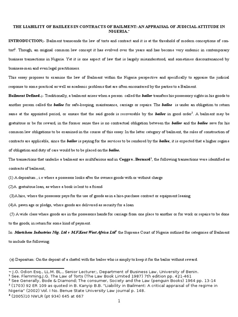 The Liability of Bailees in Contracts of Bailment | PDF | Negligence | Damages