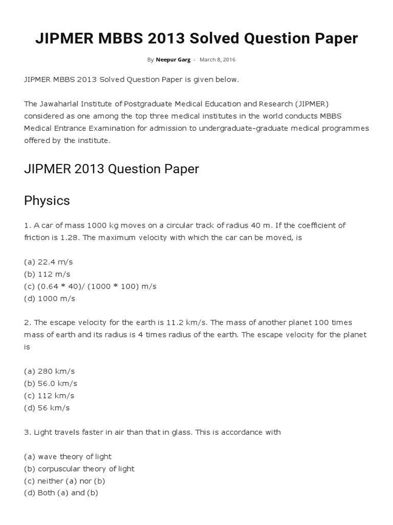 JIPMER MBBS 2013 Solved Question Paper | PDF | Redox | Chemical Reactions