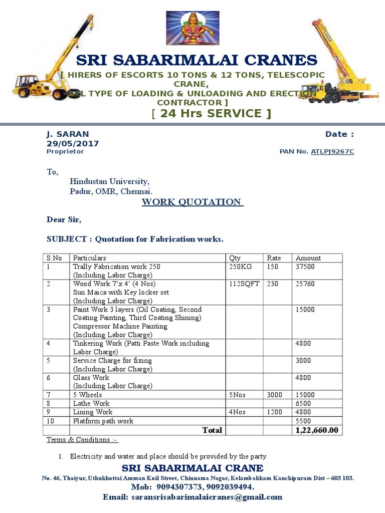 Sri Sabarimalai Cranes Mechanical Quotation | PDF | Crane (Machine ...