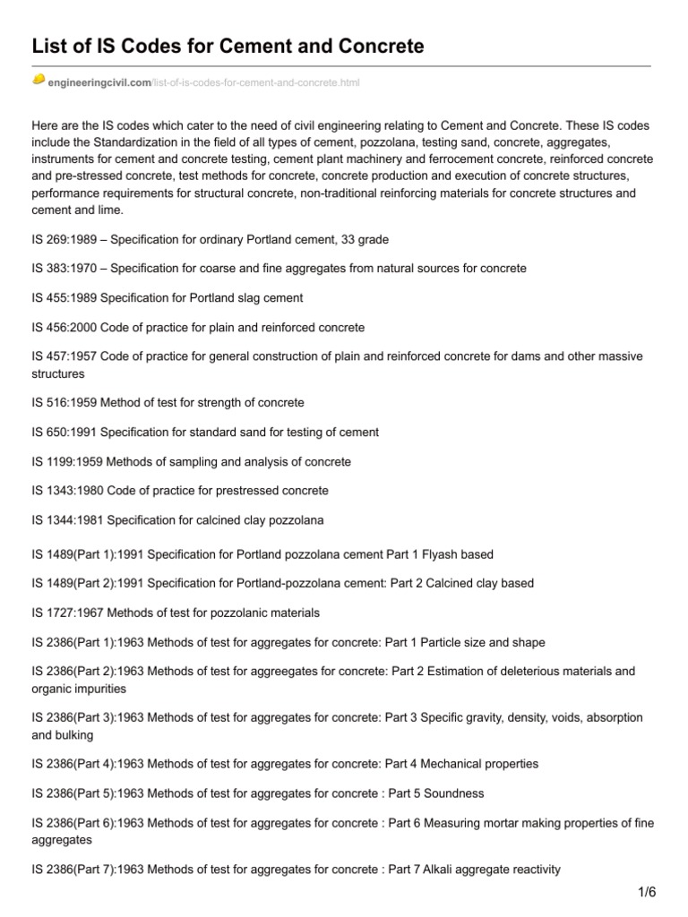 List of Is Codes For Cement and Concrete | PDF | Concrete | Mortar ...