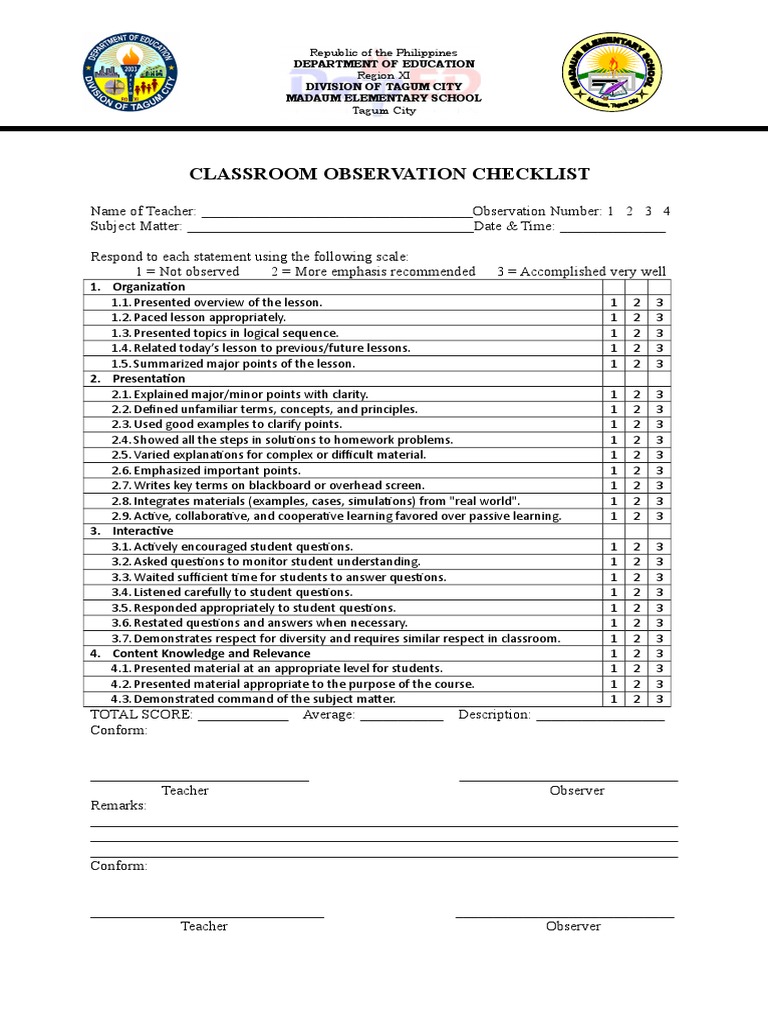Class Observation Checklist | Teachers | Communication