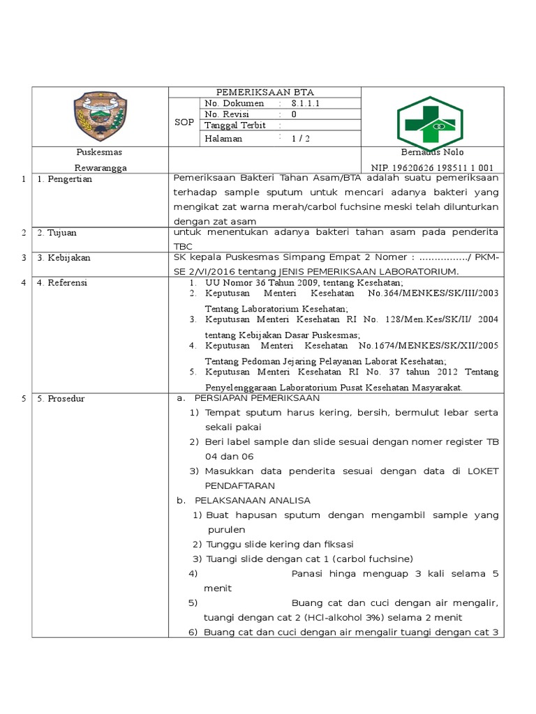 Prosedur Pemeriksaan BTA untuk TBC | PDF