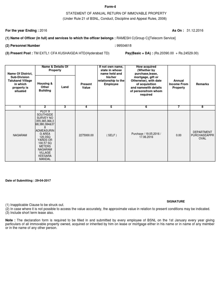 Form-4 Statement of Annual Return of Immovable Property | PDF ...