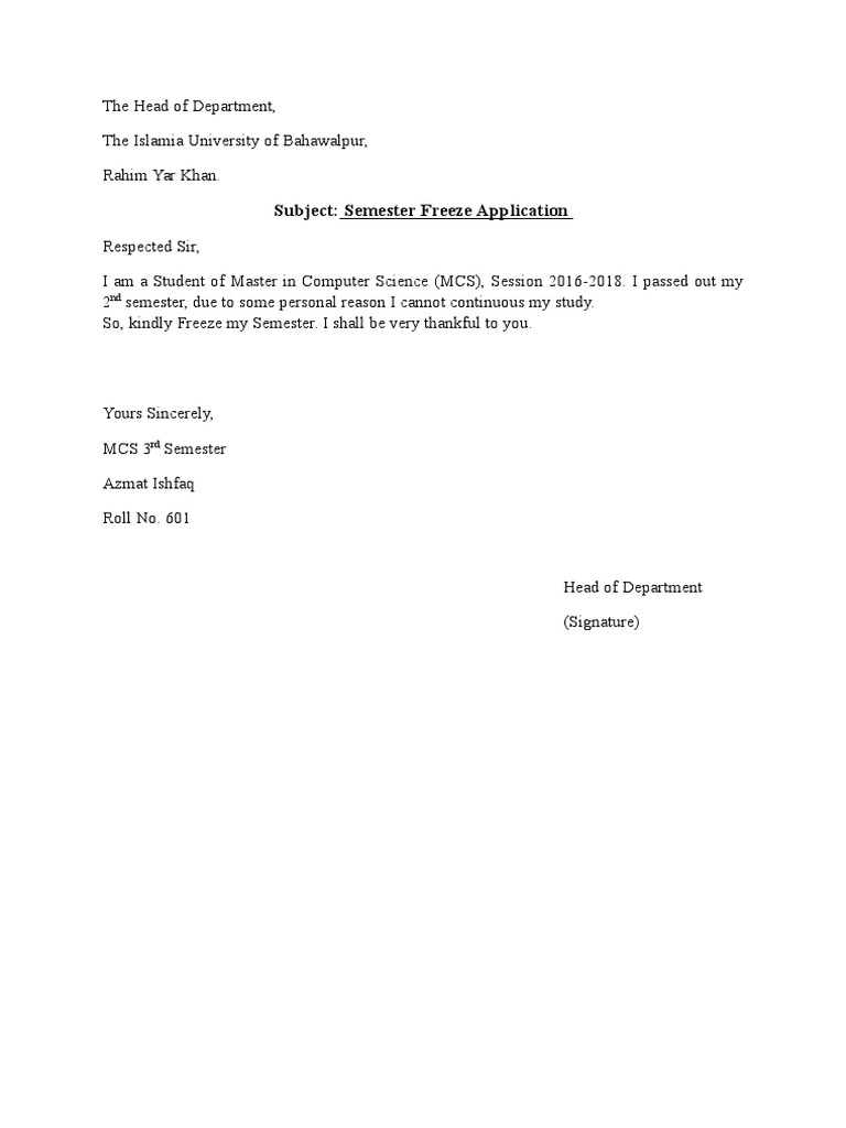 Subject: Semester Freeze Application | PDF