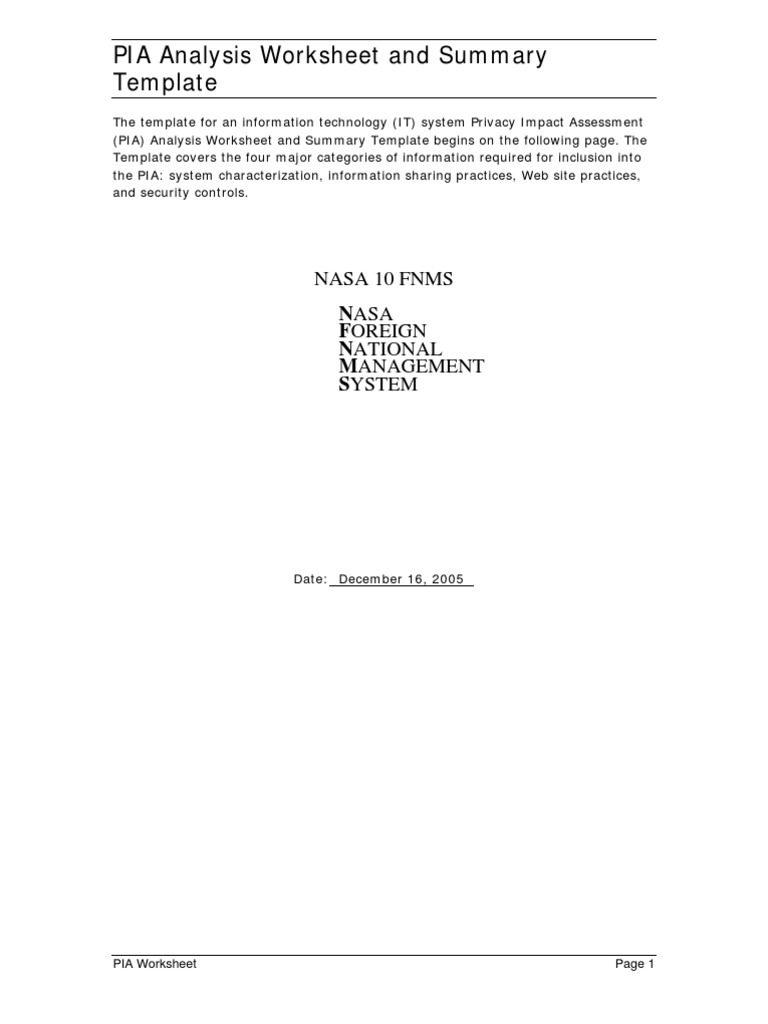 PIA Analysis Worksheet and Summary Template: Nasa 10 Fnms | PDF ...