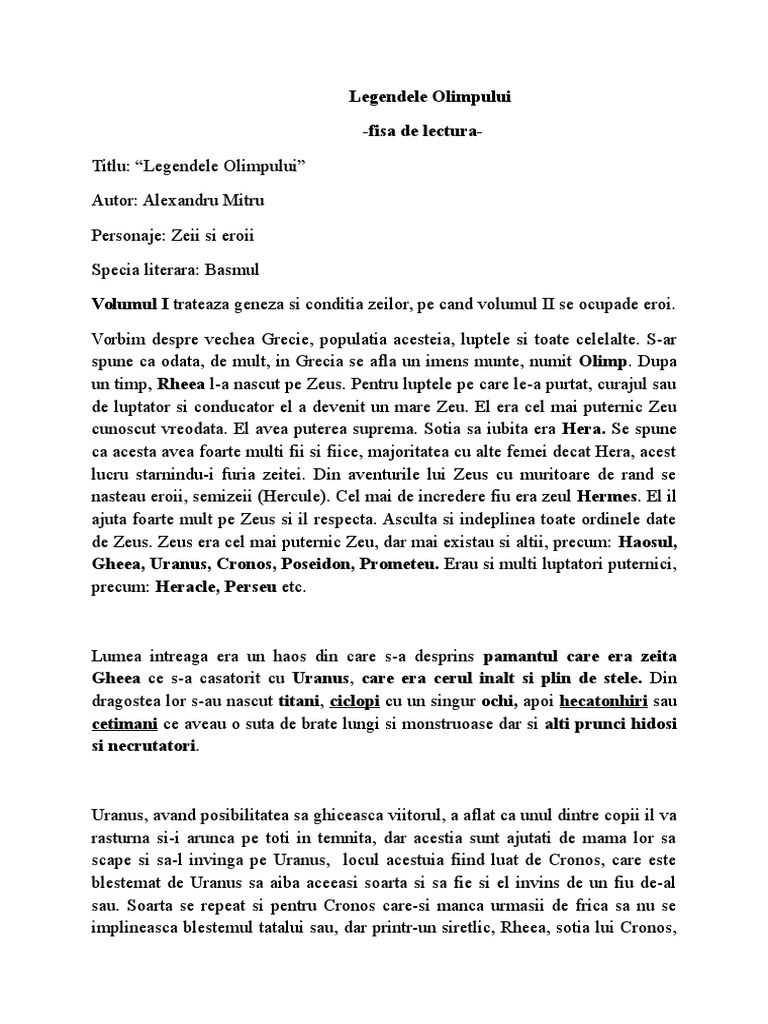 Legendele Olimpului Fisa Lectura | PDF