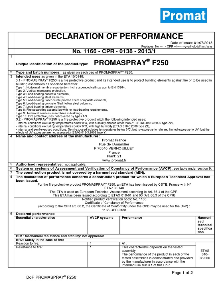 Declaration of Performance: Promaspray F250 | PDF | Building ...