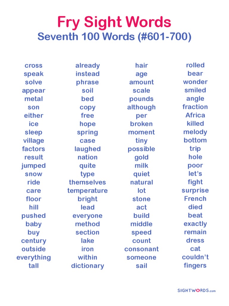 Fry's Seventh 100 Words List | PDF
