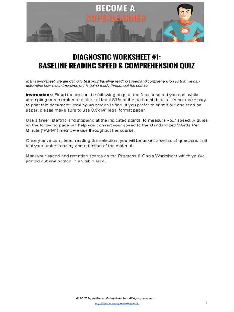 Diagnostic Worksheet #1: Baseline Reading Speed & Comprehension Quiz ...