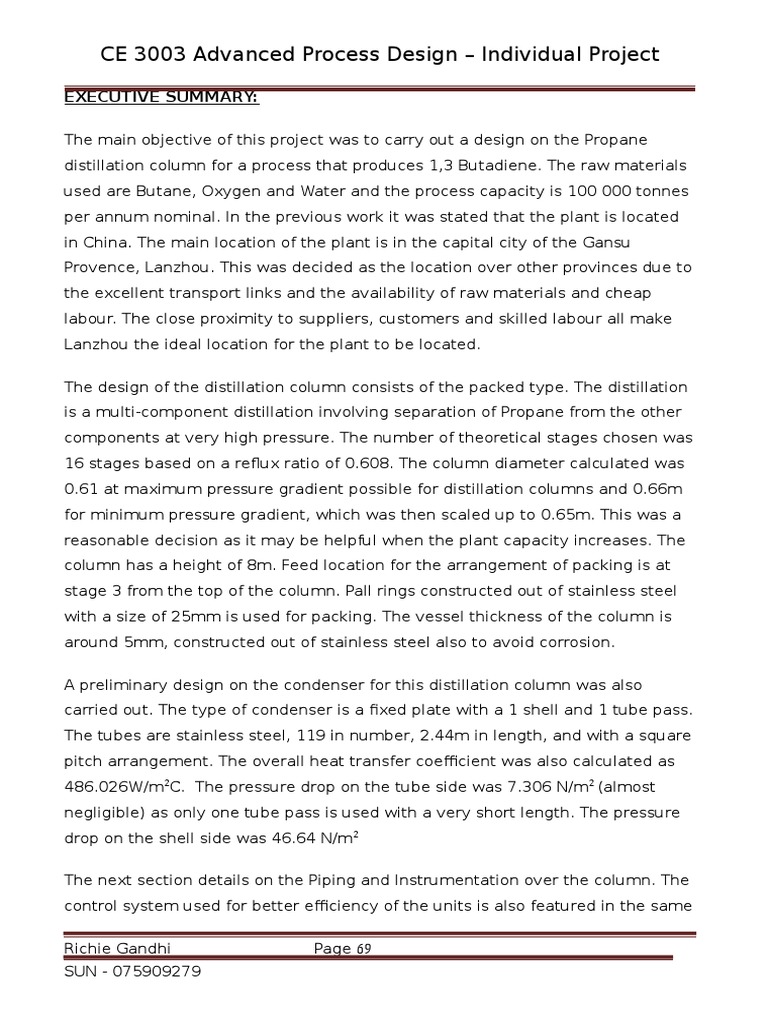 CE 3003 Advanced Process Design - Individual Project: Executive Summary | PDF | Distillation ...