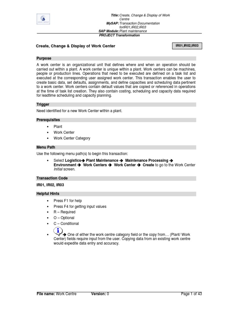 01 Work Center Create, Change, Diaplay IR01 IR02 IR03 | PDF | Menu (Computing) | Documentation