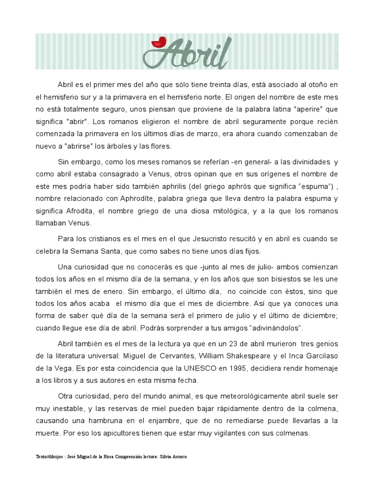 Comprension Lectora Con El Mes de Abril | PDF